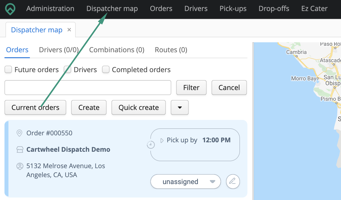 Filtering Orders from the Dispatcher Map – Cartwheel